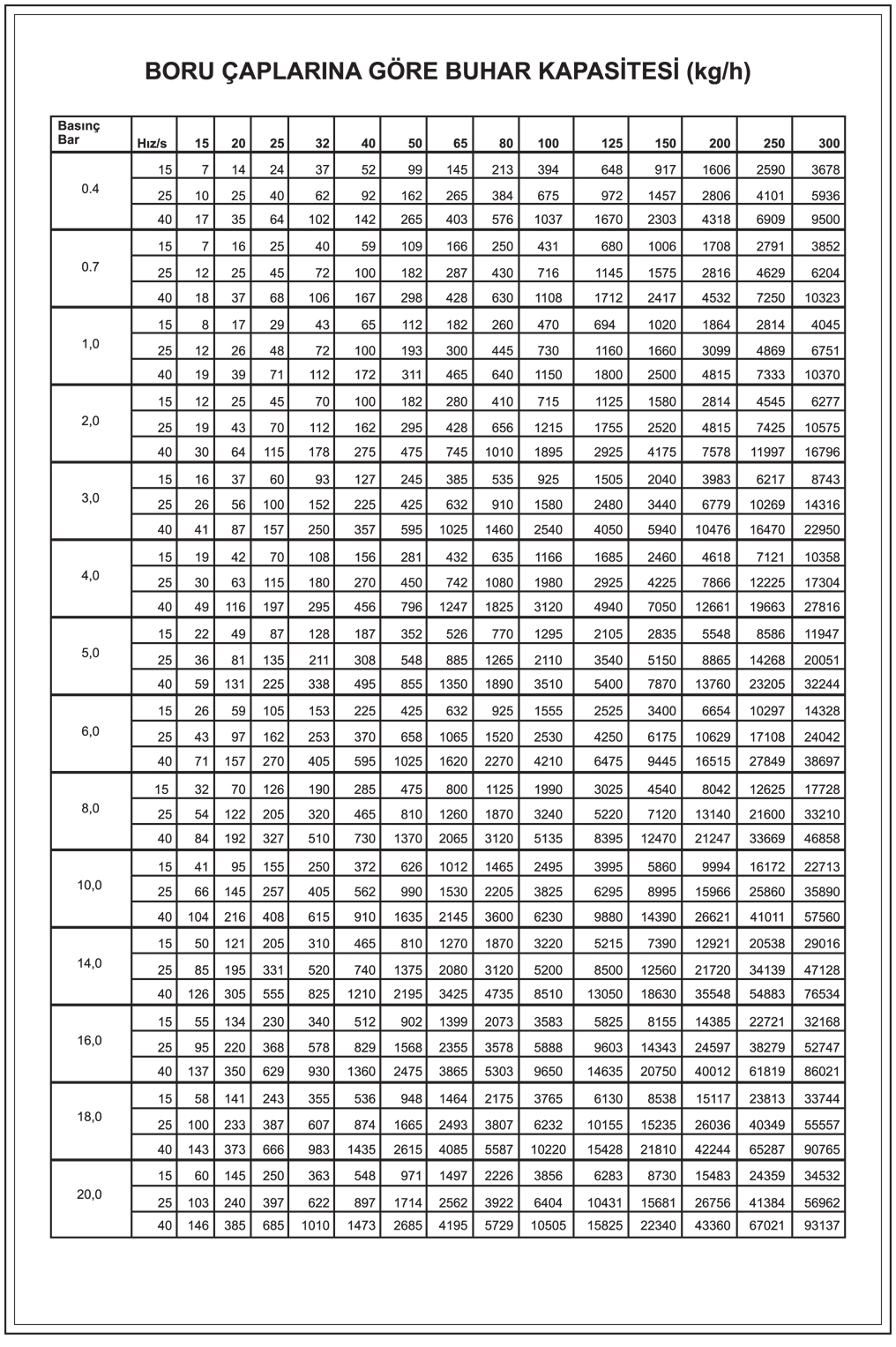 Boru çaplarına göre buhar kapasitesi